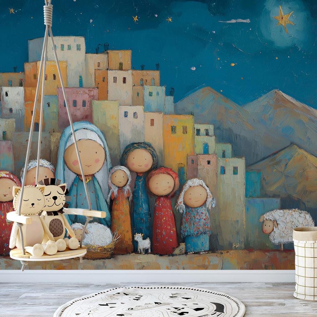 Folk Art Nativity Scene Mural Wallpaper | Stylized Figures, Colorful ...