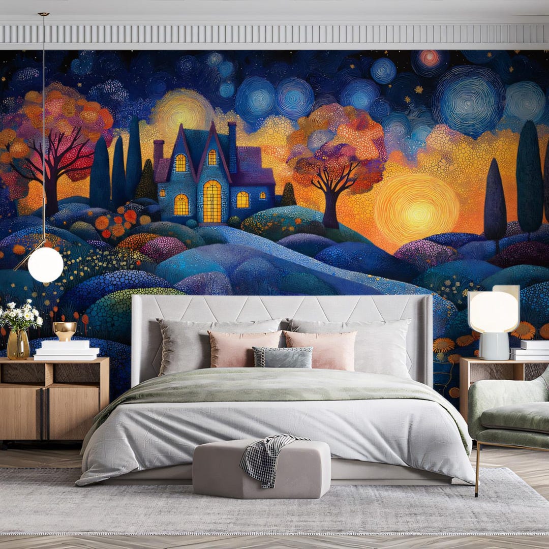 Starry Night Cottage Mural Wallpaper: Van Gogh Style Bedroom Decor - Etsy
