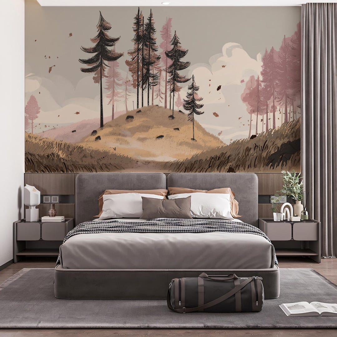 Windswept Knoll Mural Wallpaper | Muted Pink, Taupe, and Charcoal - Etsy UK