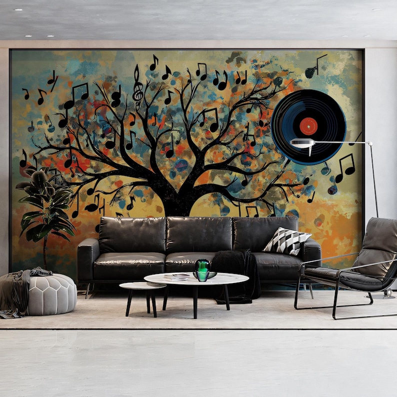 Abstract Music Note Tree Mural Wallpaper | Vibrant Melodic Growth ...