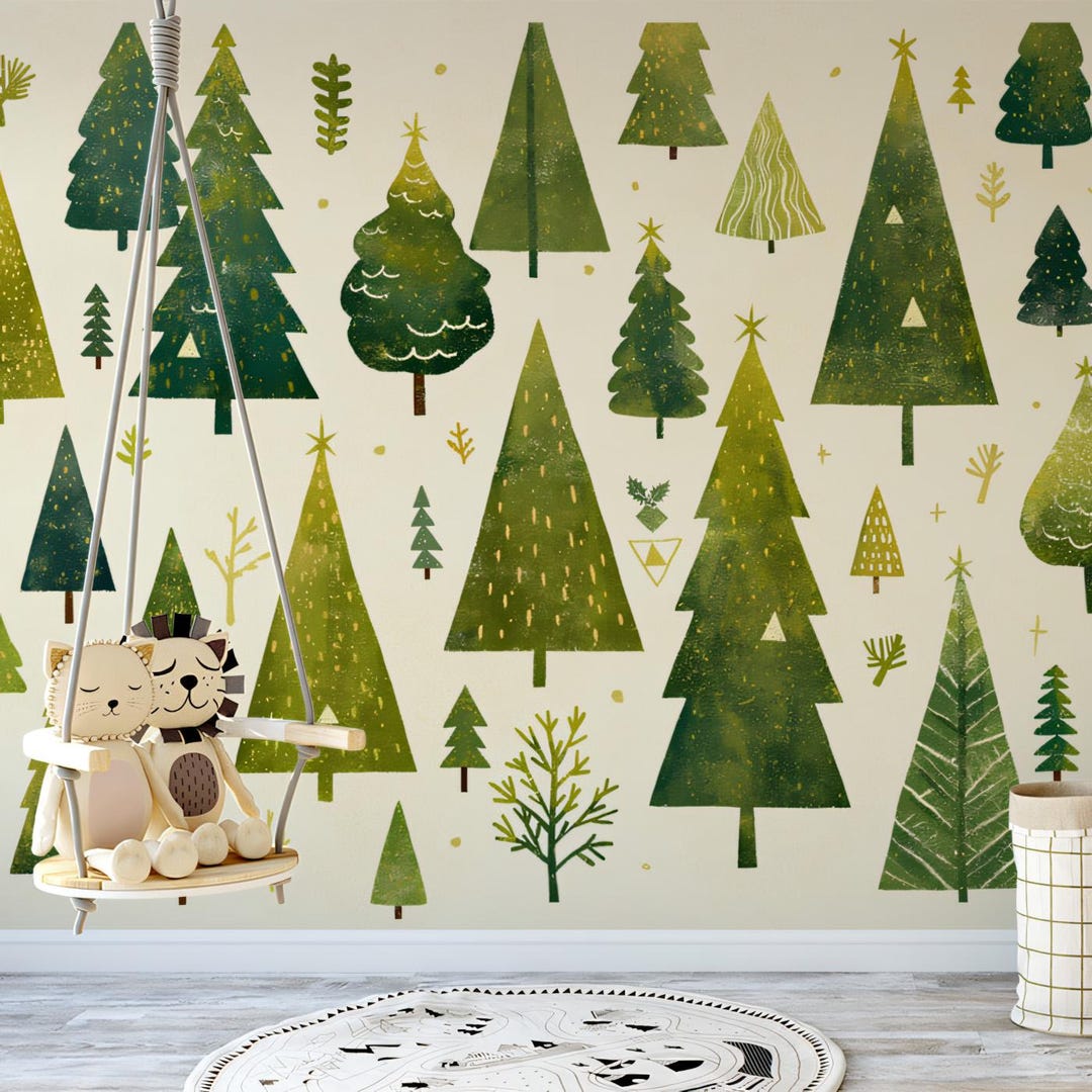 Whimsical Christmas Tree Mural Wallpaper - Green & Yellow Holiday Decor ...