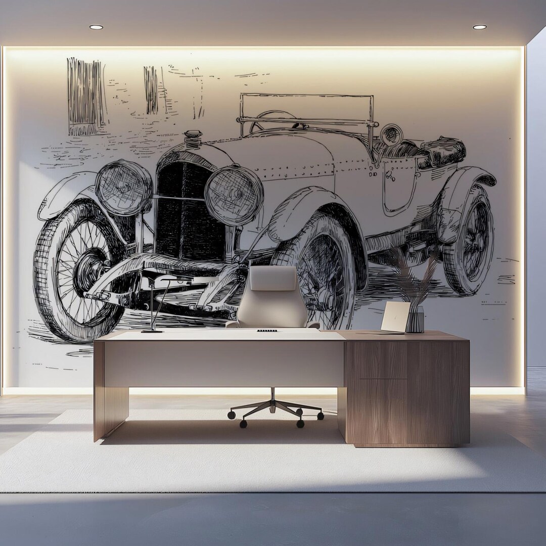 Vintage Roadster Pen Sketch Mural Wallpaper | Classic Car Art, Detailed ...
