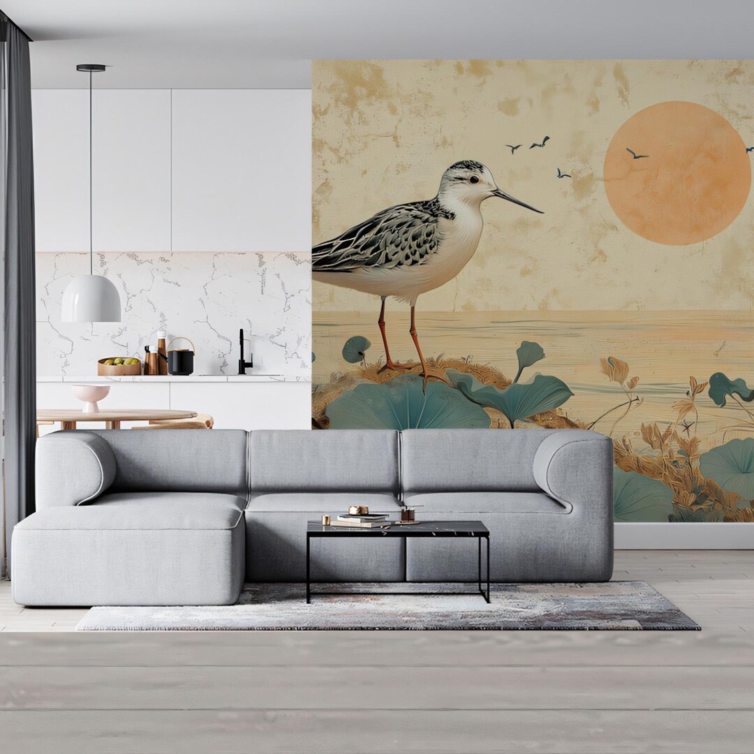 Sandpiper Shore Mural Wallpaper | Beige, Teal, and Orange - Etsy