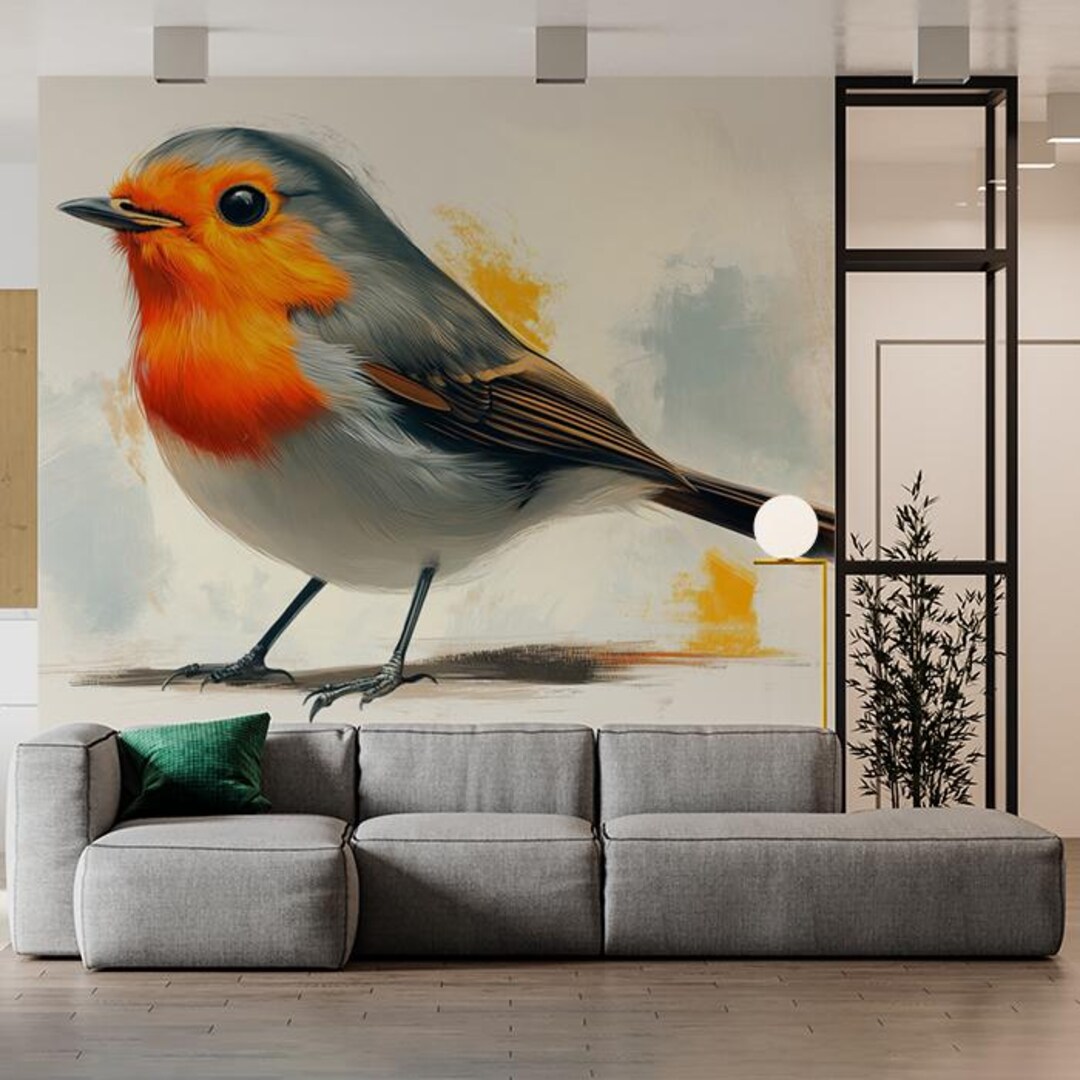 Cheerful Robin Mural Wallpaper | Orange, Gray, White｜vivawalls - Etsy