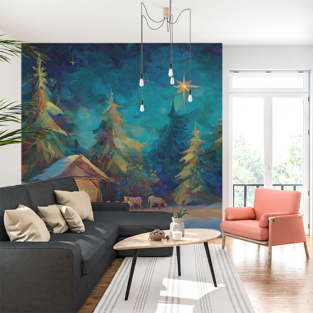 Forest Nativity Oil Painting Mural Wallpaper | Evergreen Trees, Deep ...