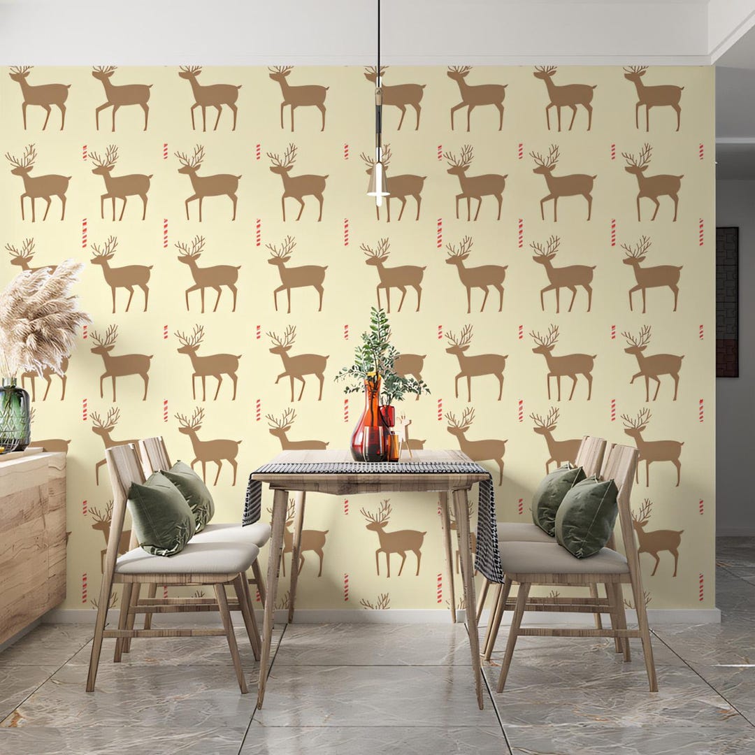 Bold Reindeer and Candy Cane Grid Wallpaper | Uniform Repeat, Warm ...
