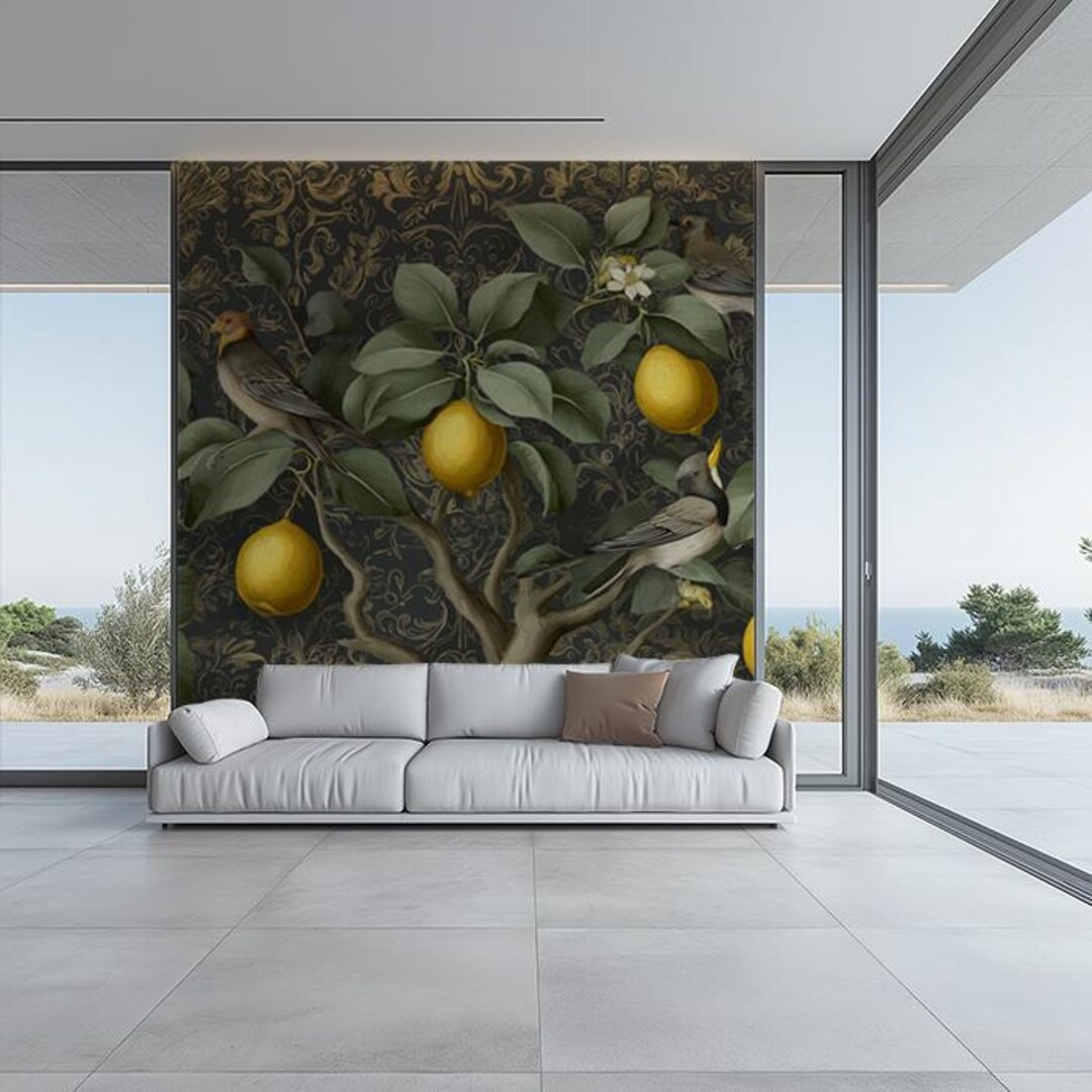 Traditional Lemon Tree Mural Wallpaper | Dark Background With Gold ...
