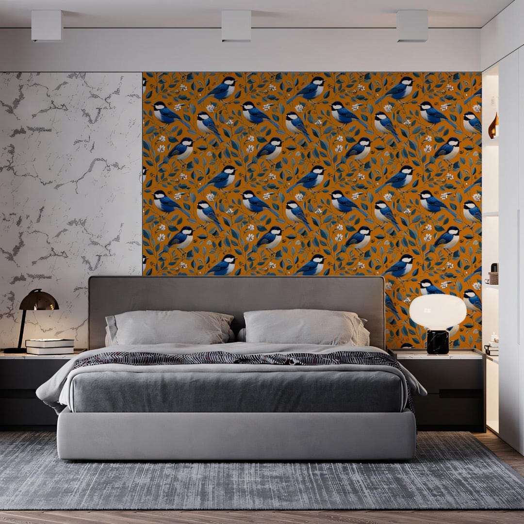 Classic Blue Bird Mural Wallpaper | Vintage Floral & Foliage Print - Etsy