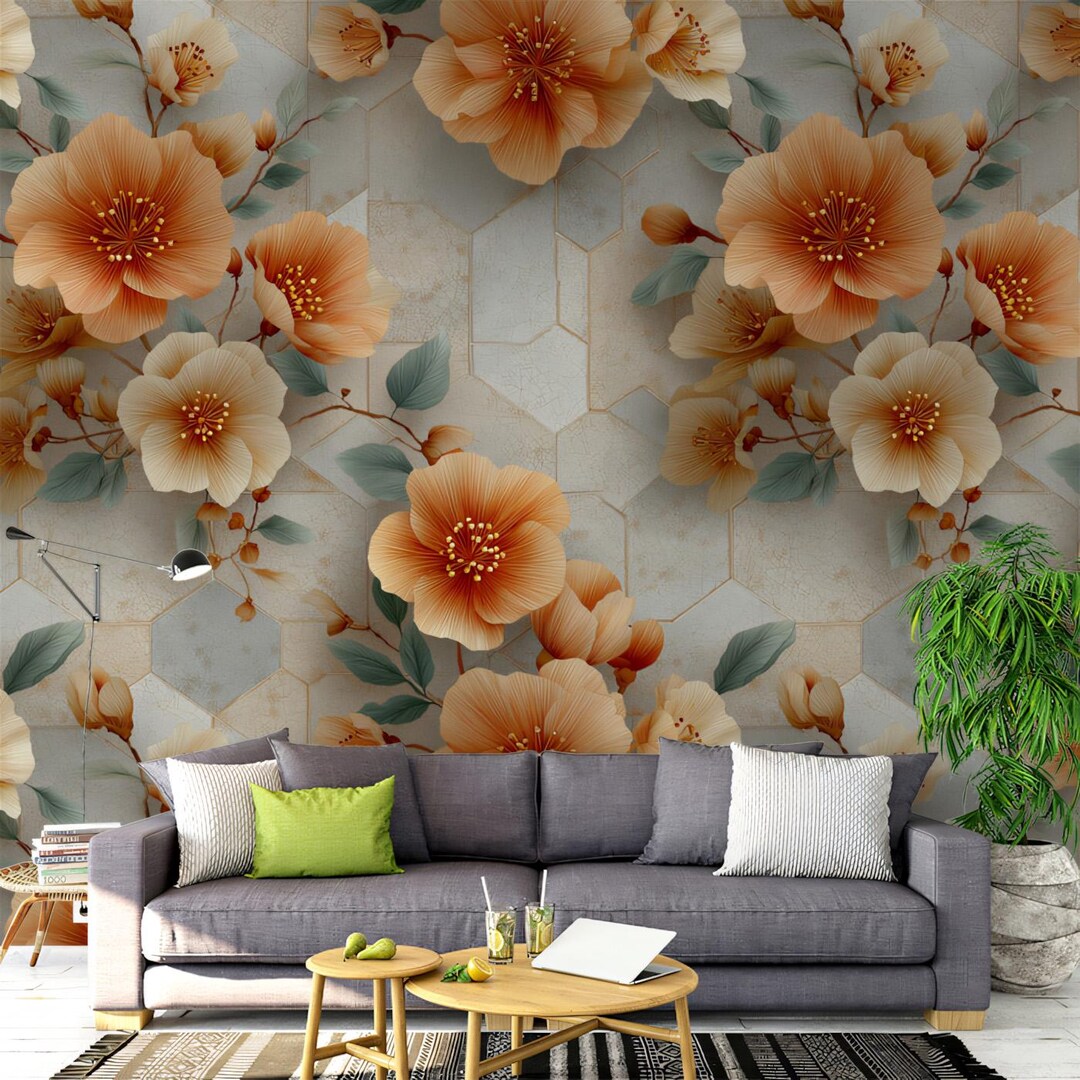Soft Apricot Floral Mural Wallpaper | Geometric Tile & Botanical Charm ...