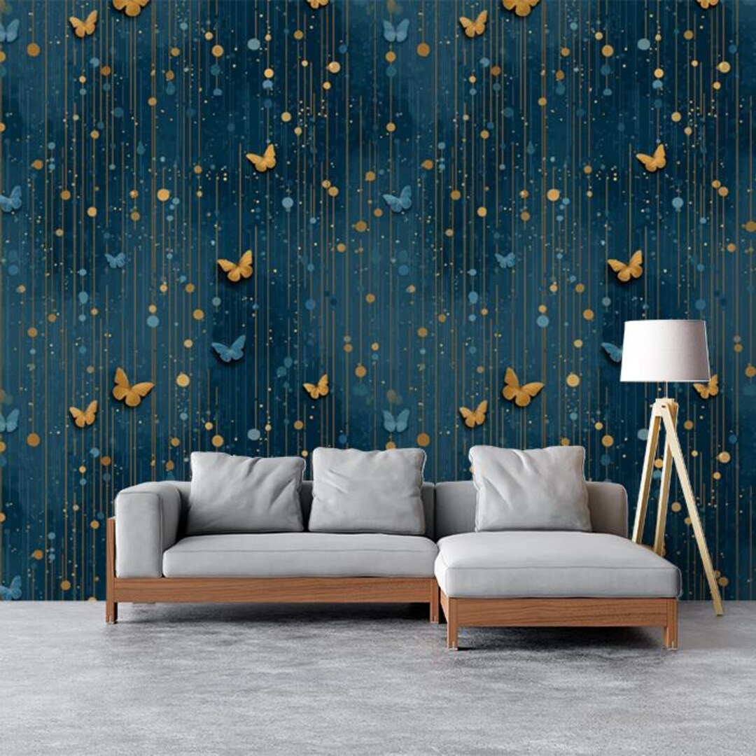 Gilded Butterfly Mural Wallpaper | Navy & Gold - Etsy