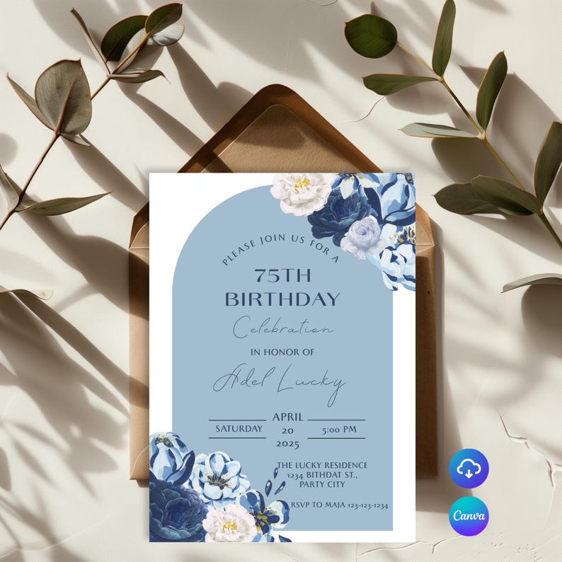 Blue Floral 75th Birthday Invitation | Editable Template | Women’s ...