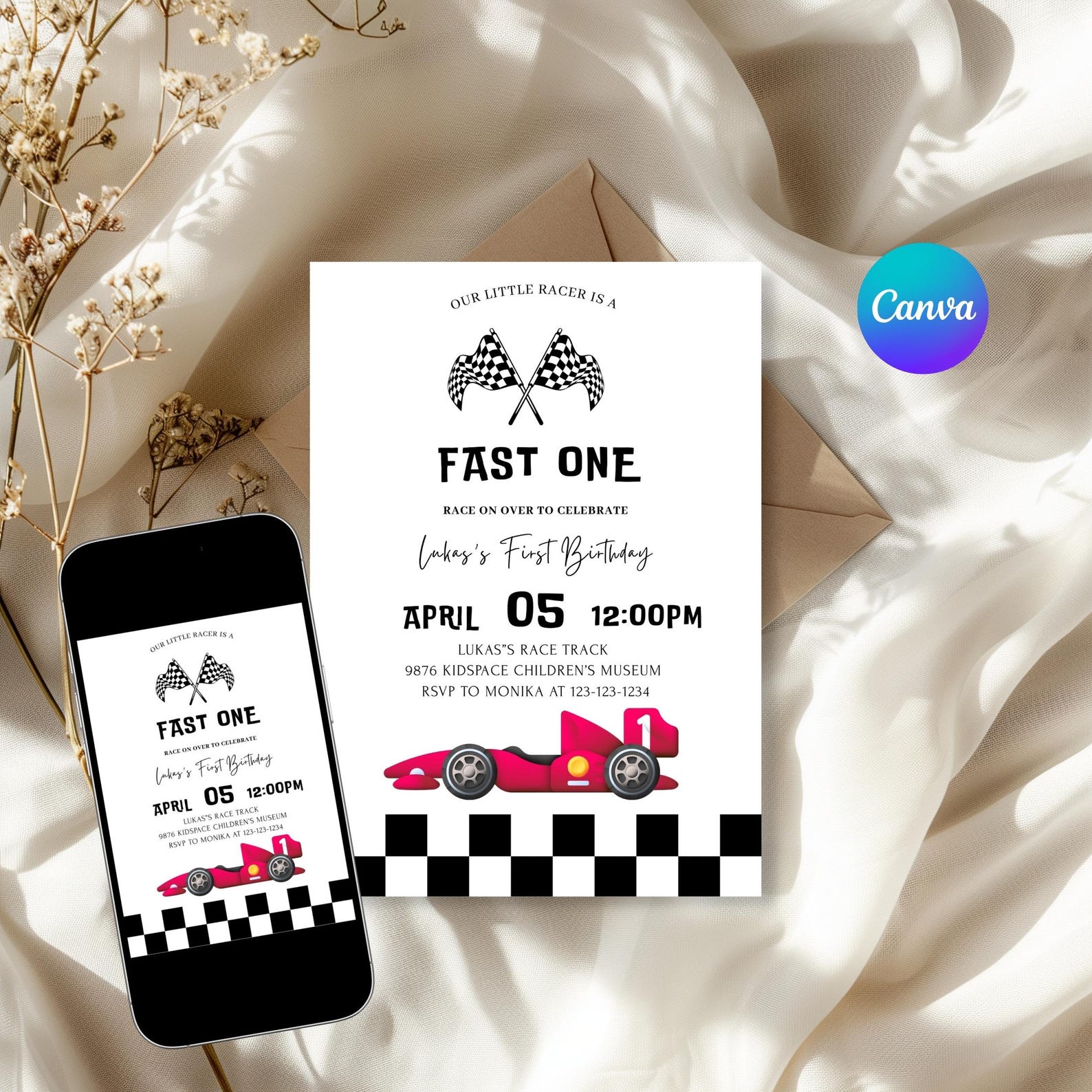 Fast One Birthday Invitation: Race Car Theme (editable Template) - Etsy