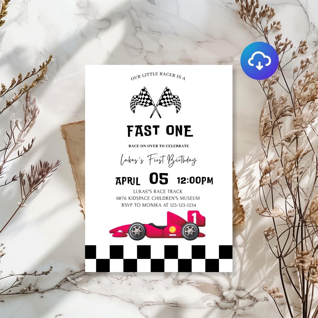 Fast One Birthday Invitation, Printable Race Car Birthday Invite ...