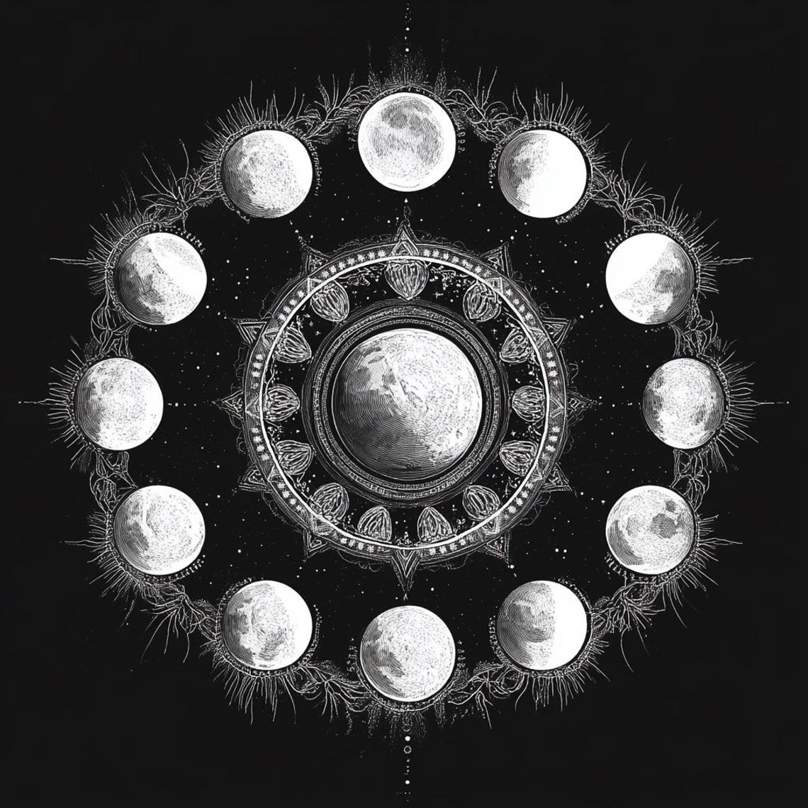 Celestial Moon Phase Line Art | Boho Space Design | Intricate Moon ...