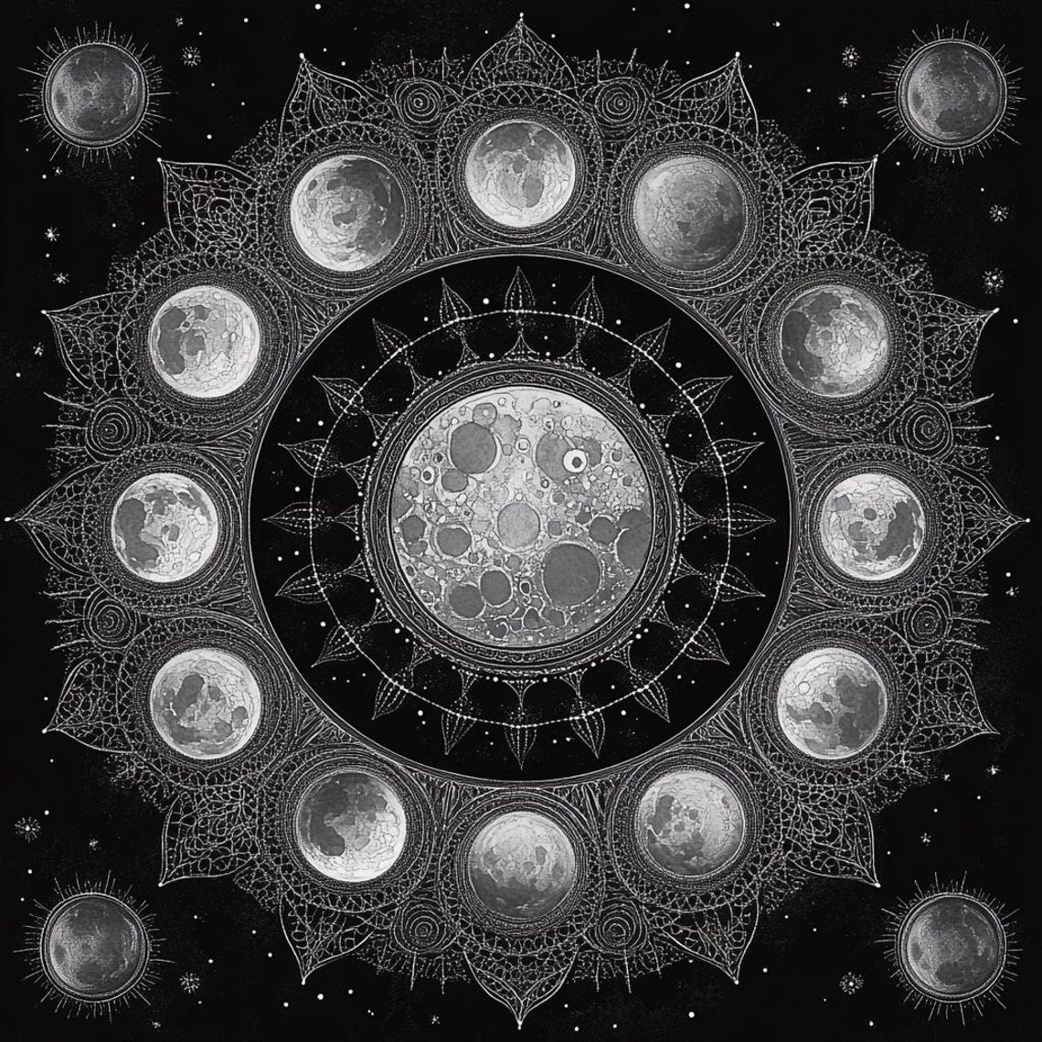 Celestial Moon Phase Line Art | Boho Space Design | Intricate Moon ...