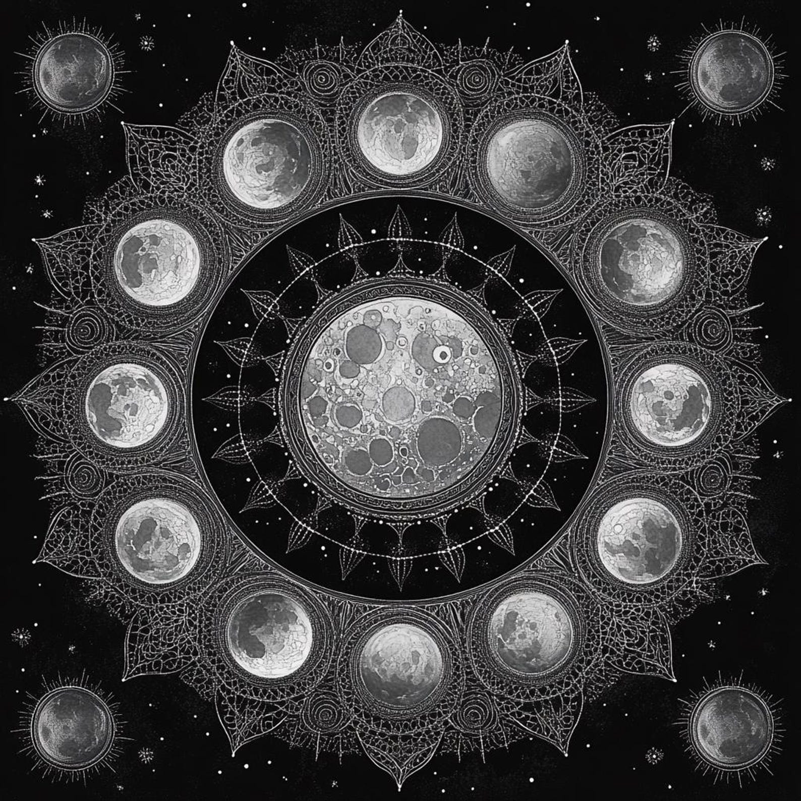 Celestial Moon Phase Line Art | Boho Space Design | Intricate Moon ...