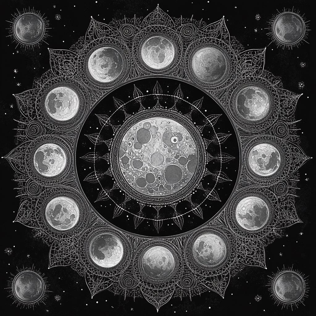 Celestial Moon Phase Line Art | Boho Space Design | Intricate Moon ...