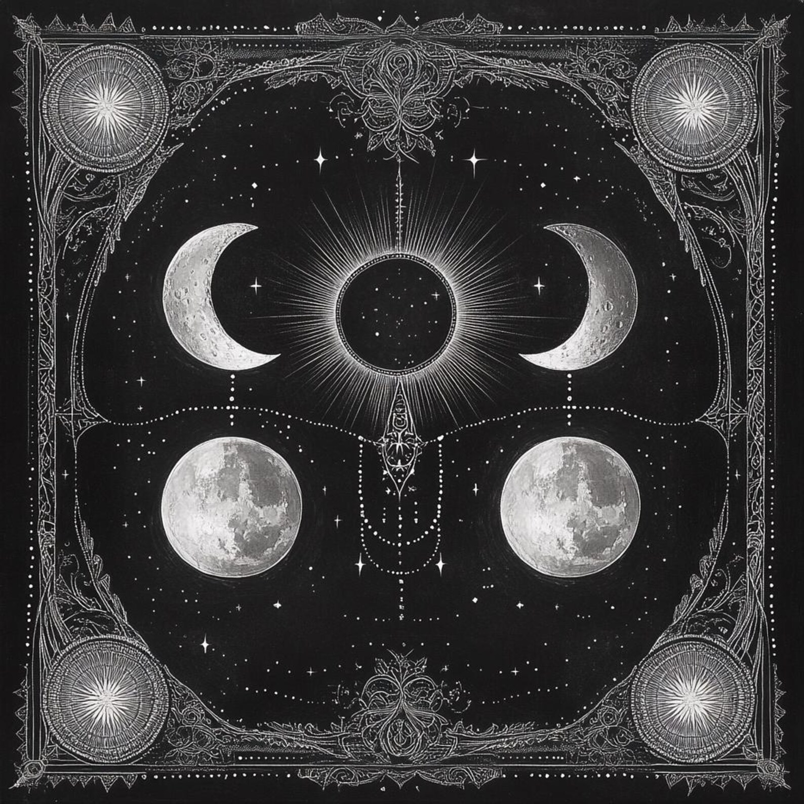 Celestial Moon Phase Line Art | Boho Space Design | Intricate Moon ...