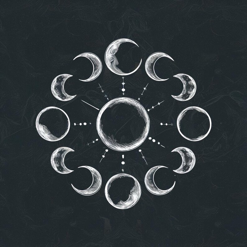 Celestial Moon Phase Line Art | Boho Space Design | Intricate Moon ...