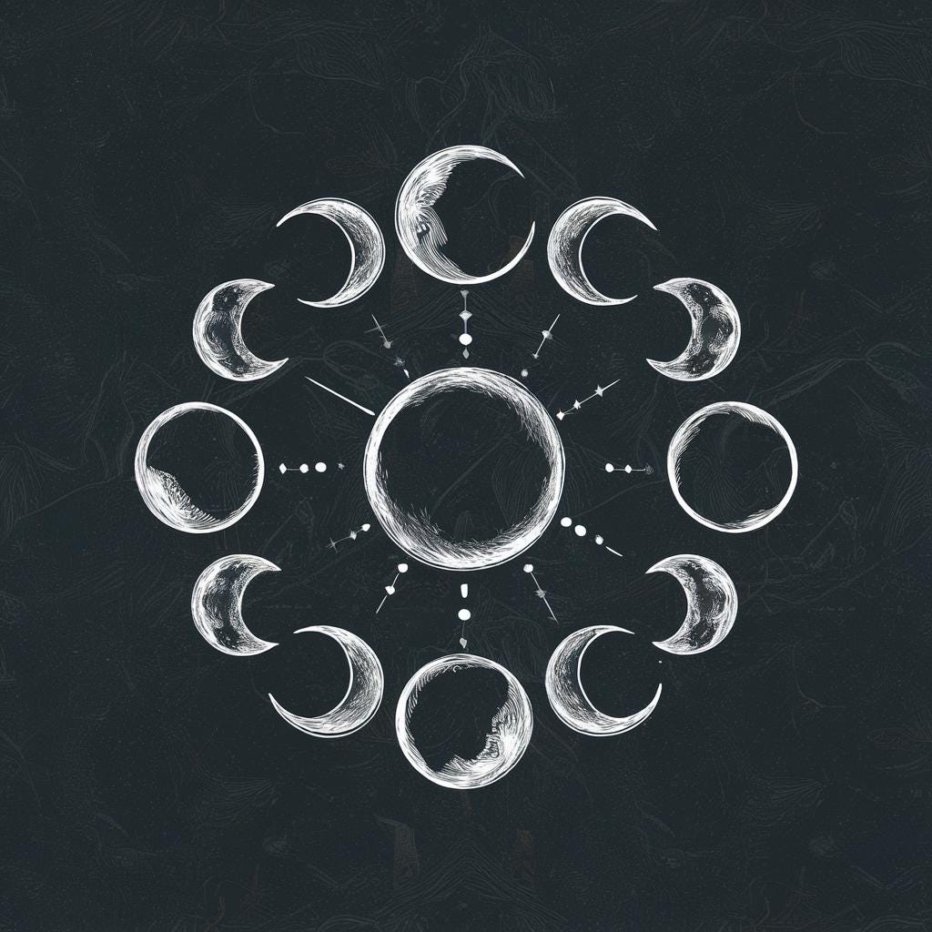 Celestial Moon Phase Line Art | Boho Space Design | Intricate Moon ...