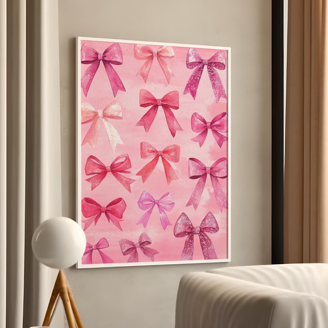 Trendy Pink Bow Wall Art Png,watercolor Bow,sequin Sparkle Coquette Bow ...