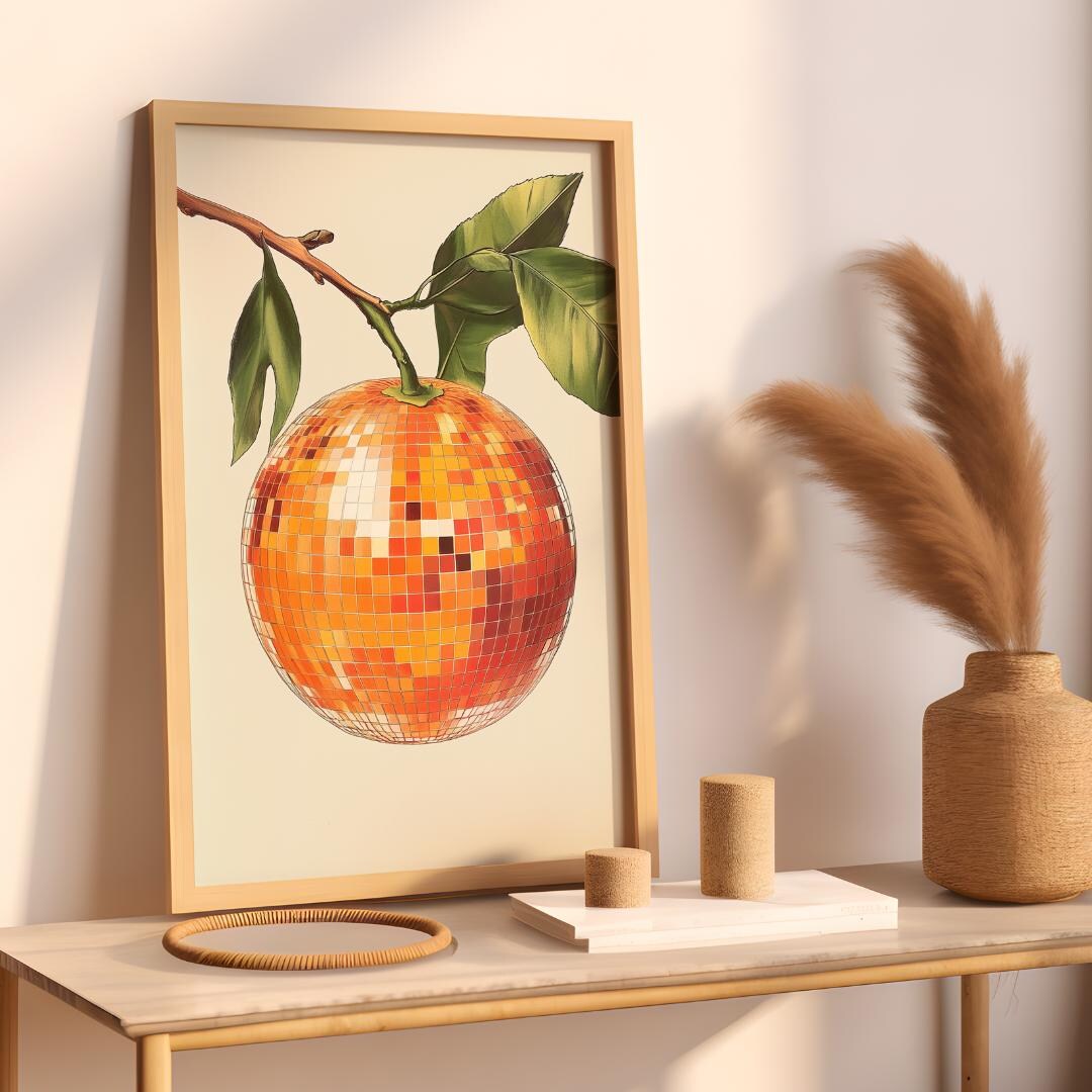 Disco Orange Ball Print, Retro Glam Disco Ball Art, Kitchen Print, DIY ...