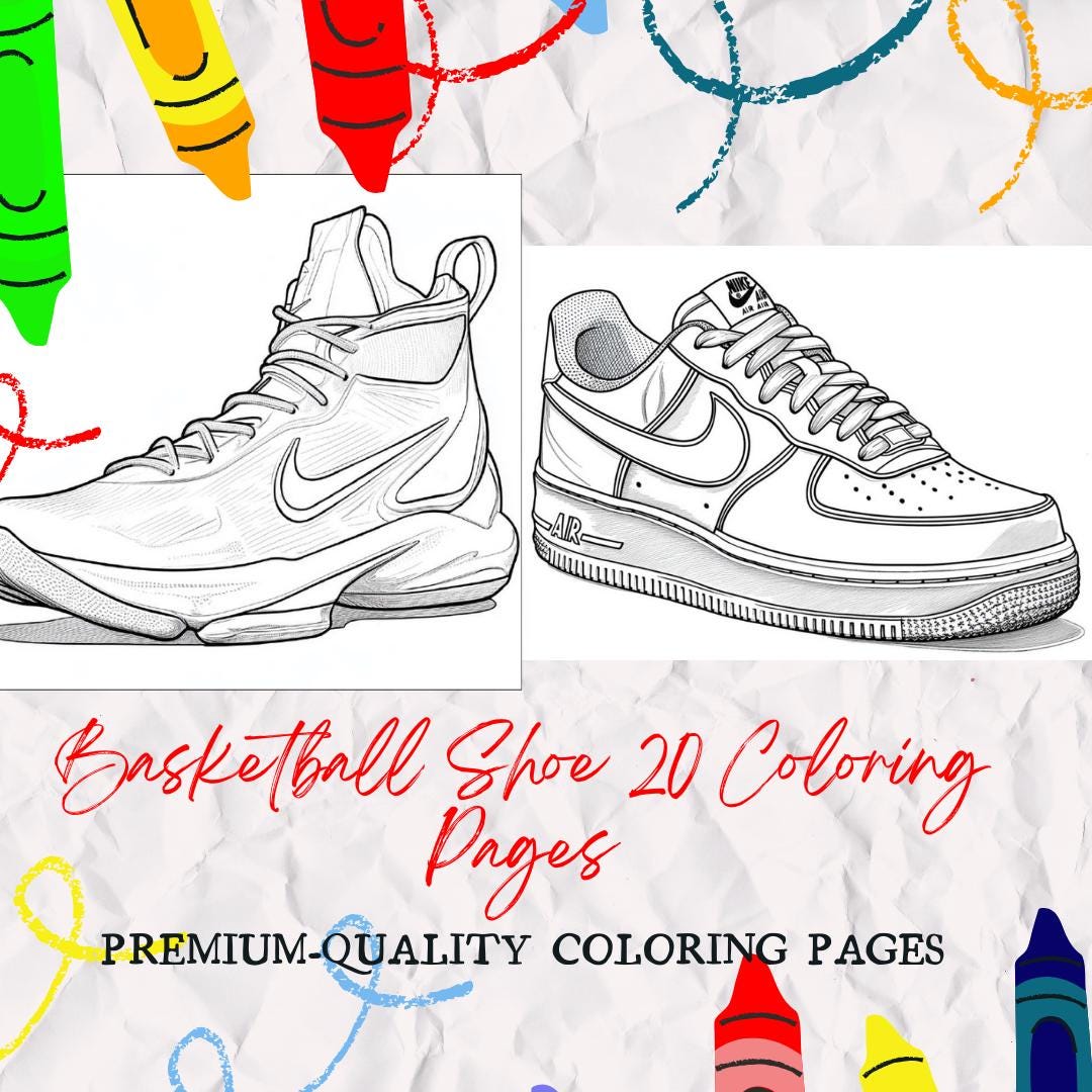 Basketball Shoe 20 Coloring Pages – Iconic Designs, White Line Art ...