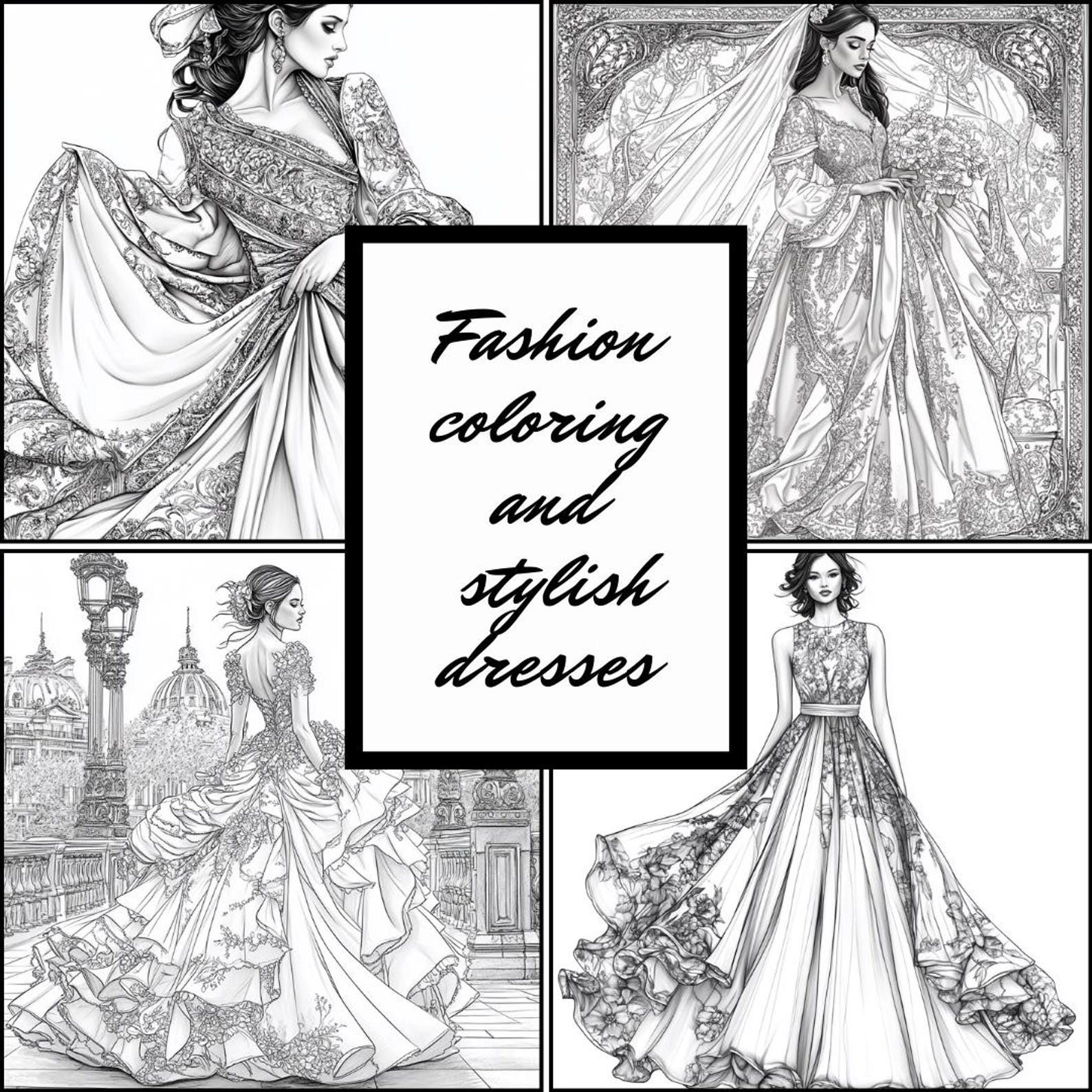 Elegant Fashion Coloring 52 Pages | Stylish Dress Designs | High ...