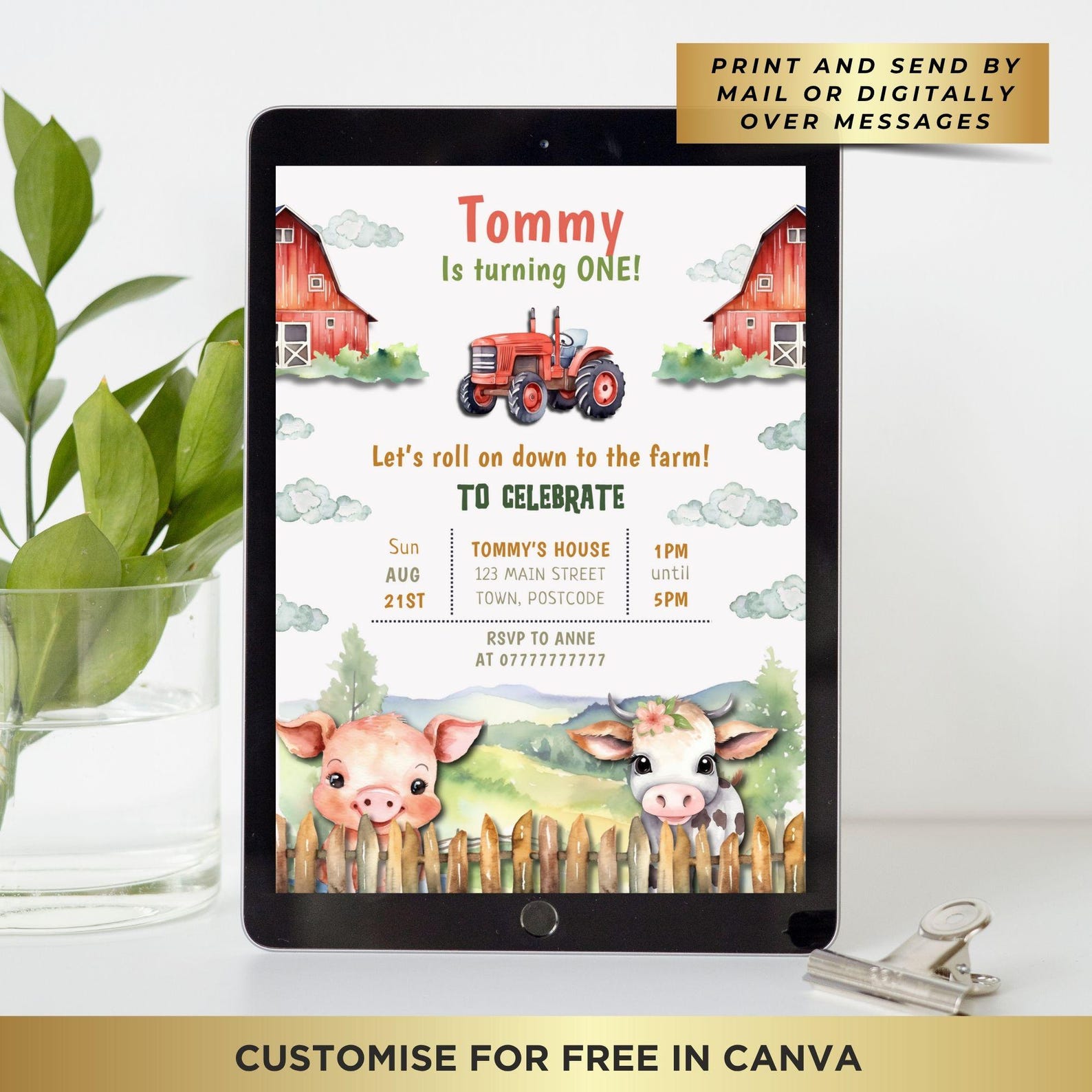Farm Animals Birthday Invitation: Tractor, Barnyard (editable Canva ...