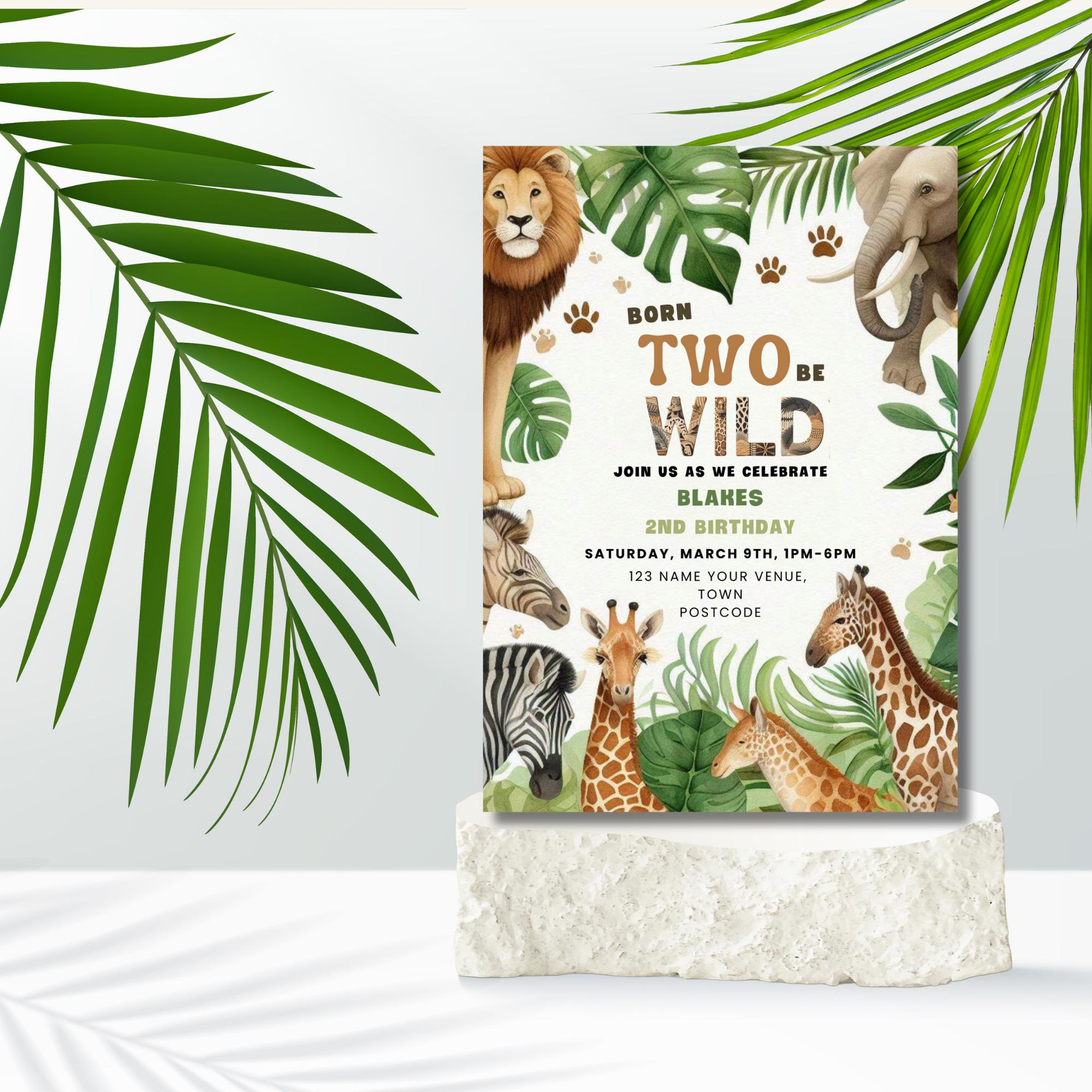 Editable Birthday Invitation Born TWO Be Wild Animal Safari 2nd ...