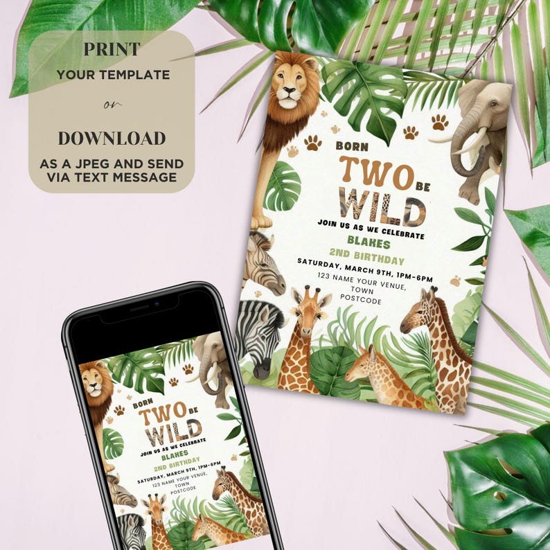 Editable Birthday Invitation Born TWO Be Wild Animal Safari 2nd ...