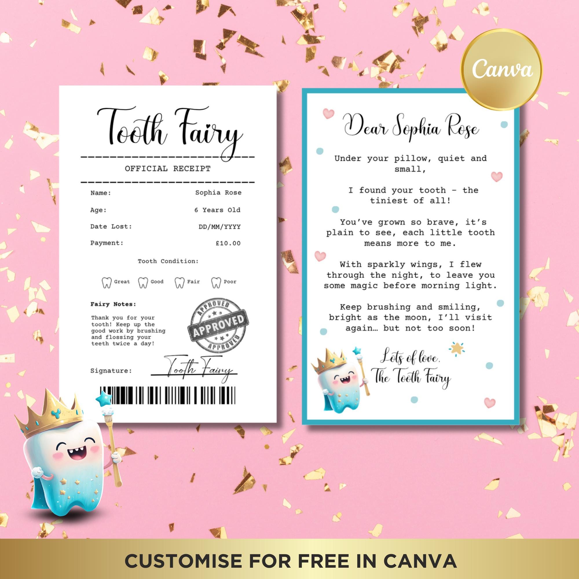 Editable Mini Tooth Fairy Set Pink Receipt and Letter Tooth Fairy Kit ...