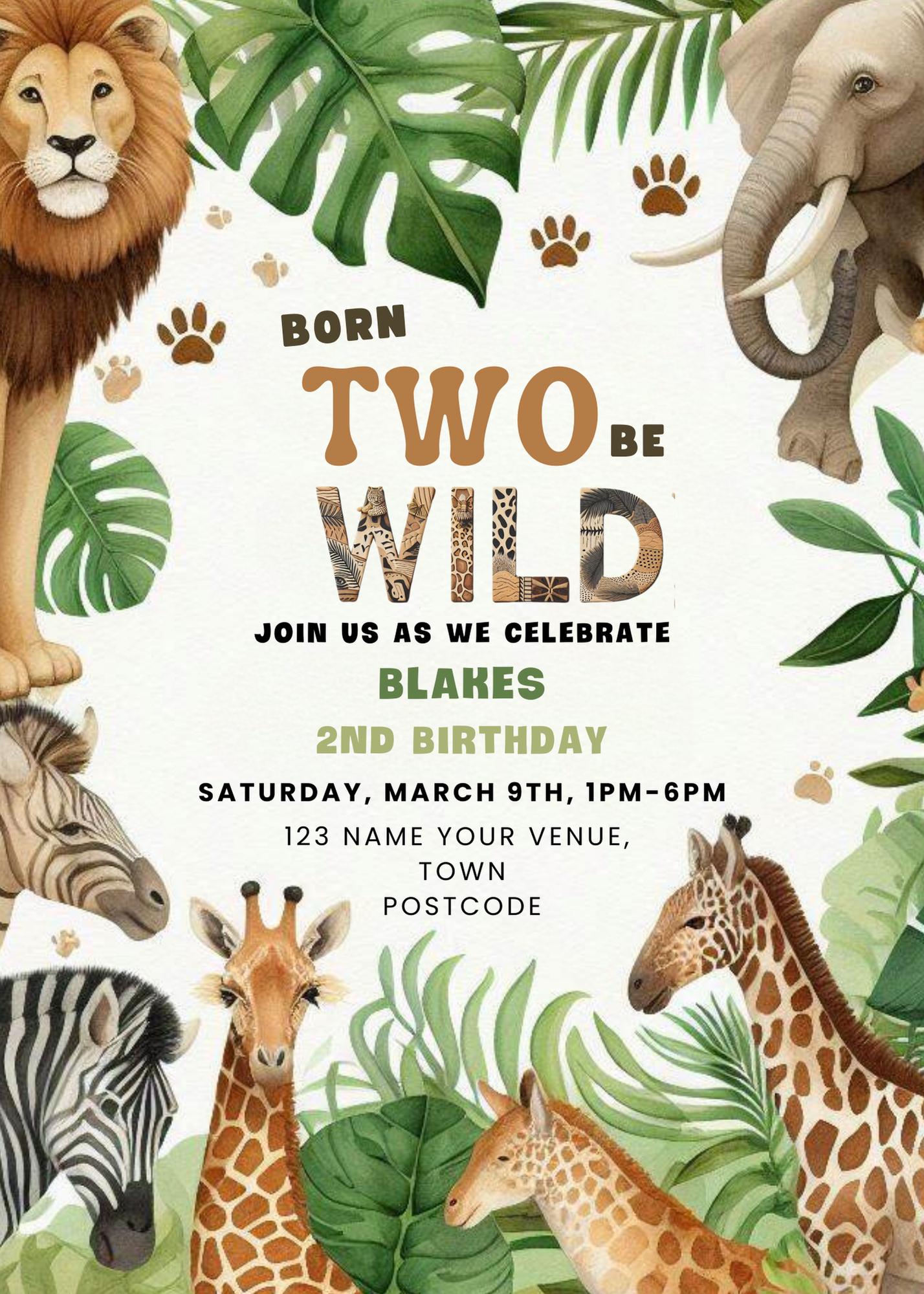 Editable Birthday Invitation Born TWO Be Wild Animal Safari 2nd ...