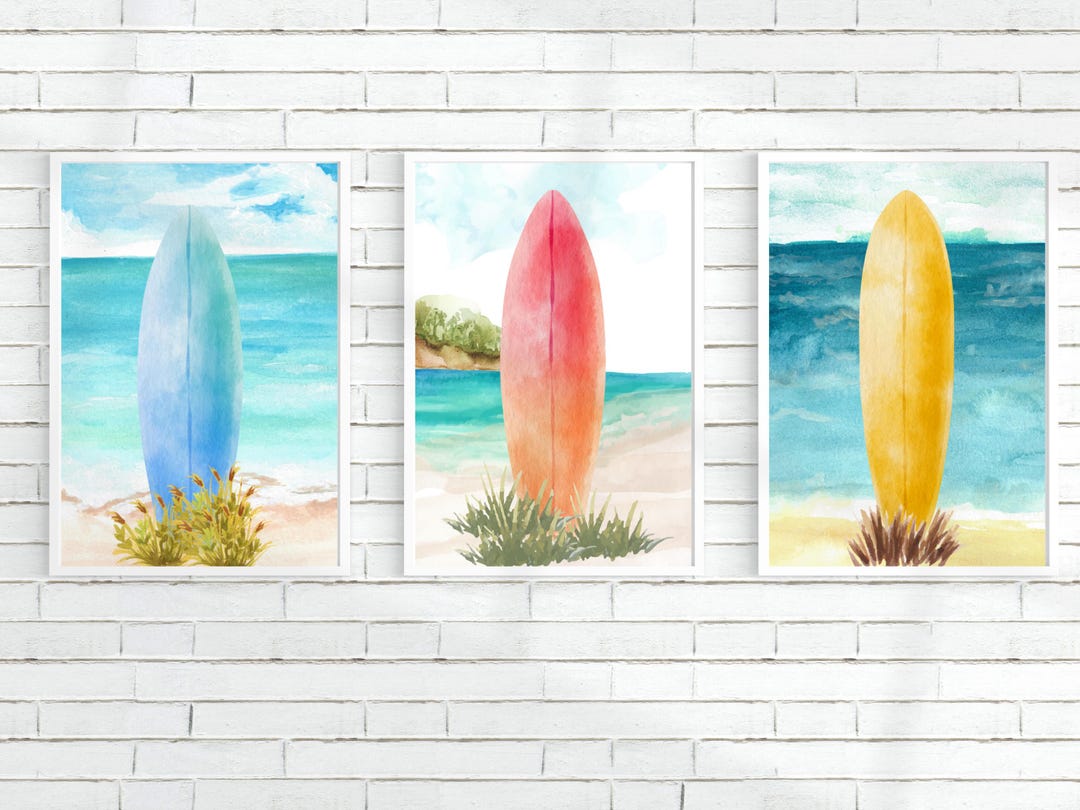 Surfboard Coastal Watercolor Prints for Beach House Wall Decor Colorful ...