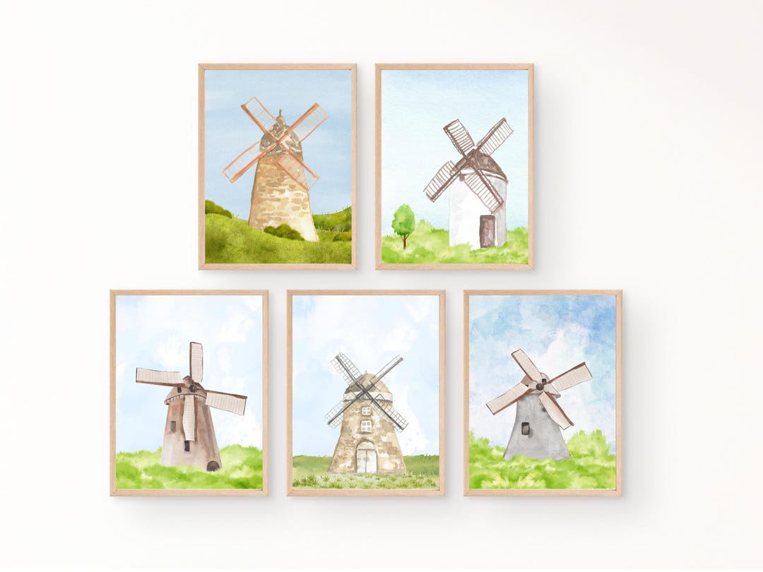 Dutch Windmill Watercolor Art Prints for Living Room Windmill Wall Art ...
