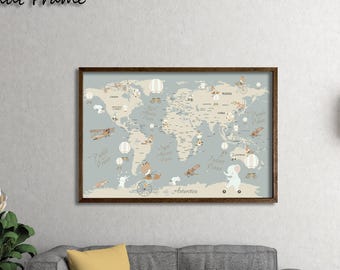 Animal World Map, Nursery Map, Educational Poster, Nursery Wall Decor ...