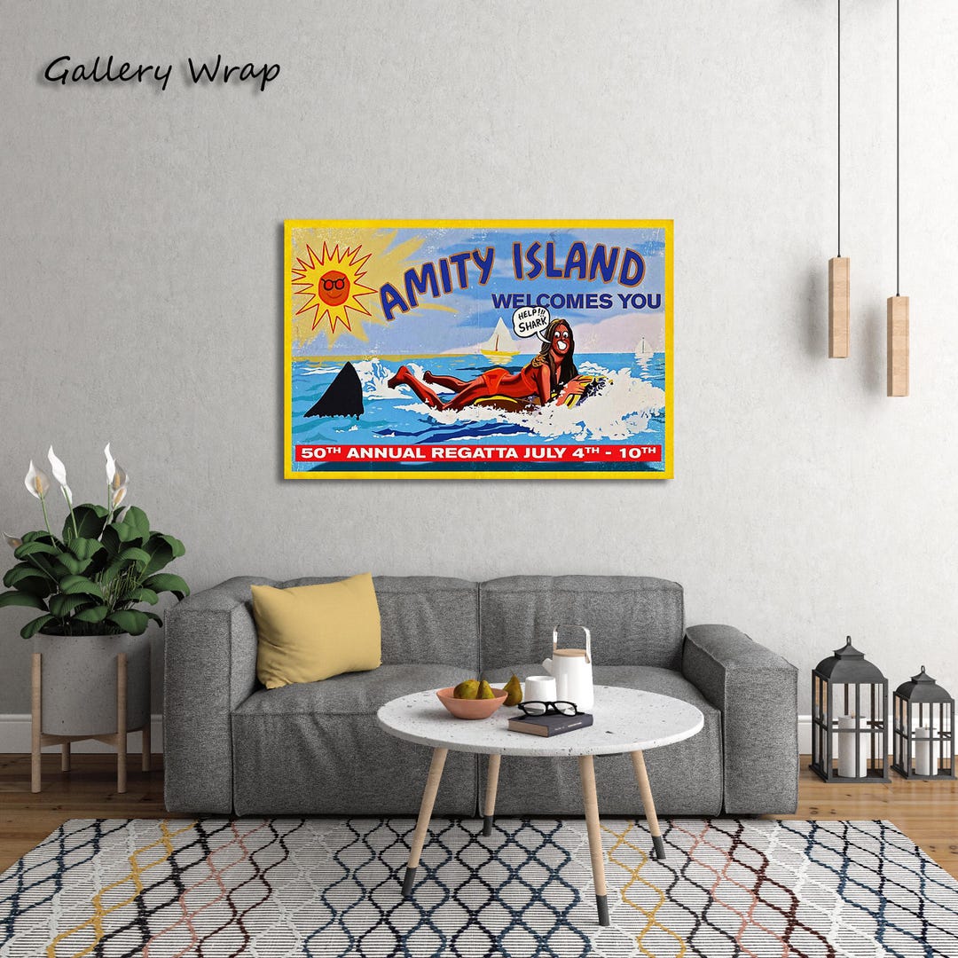 Jaws Retro Poster,jaws Inspired Amity Island "help! Shark"jaws Canvas ...