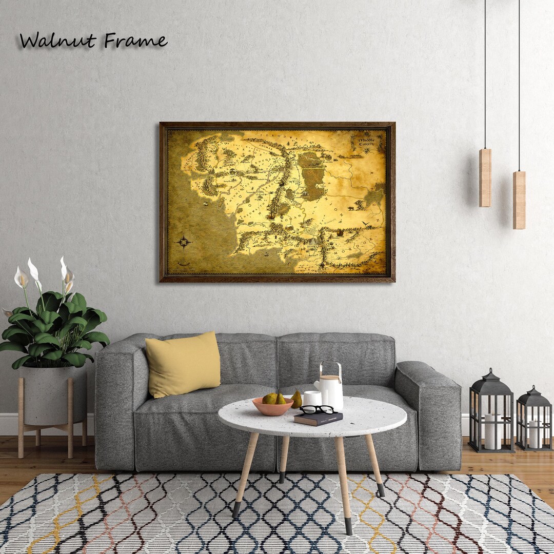 Framed Fantasy Map, LOTR Map of Middle Earth Canvas Wall Art Hanger ...