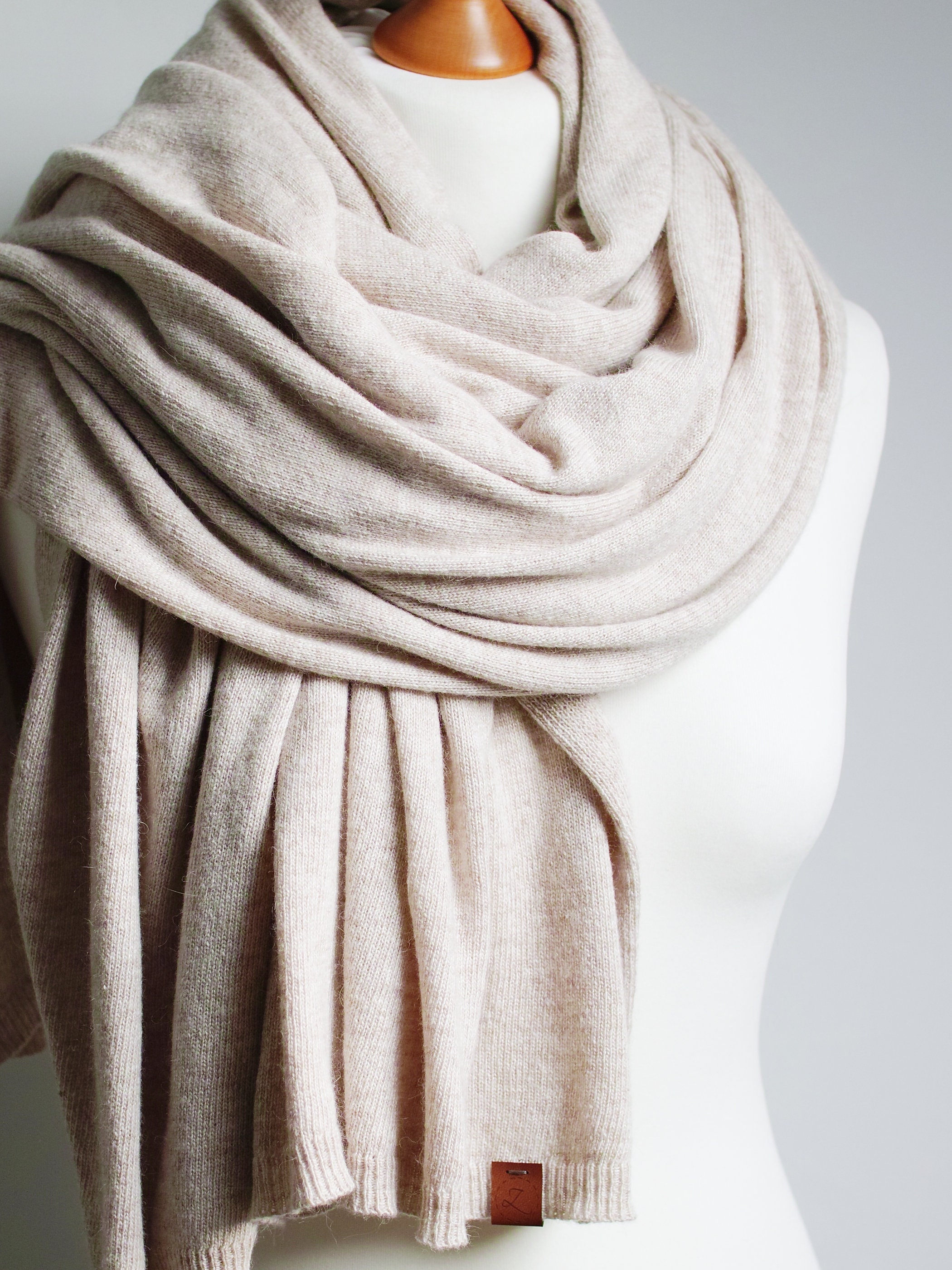 Large oversized WOOL SCARF wrap, light beige melange wool scarf for ...