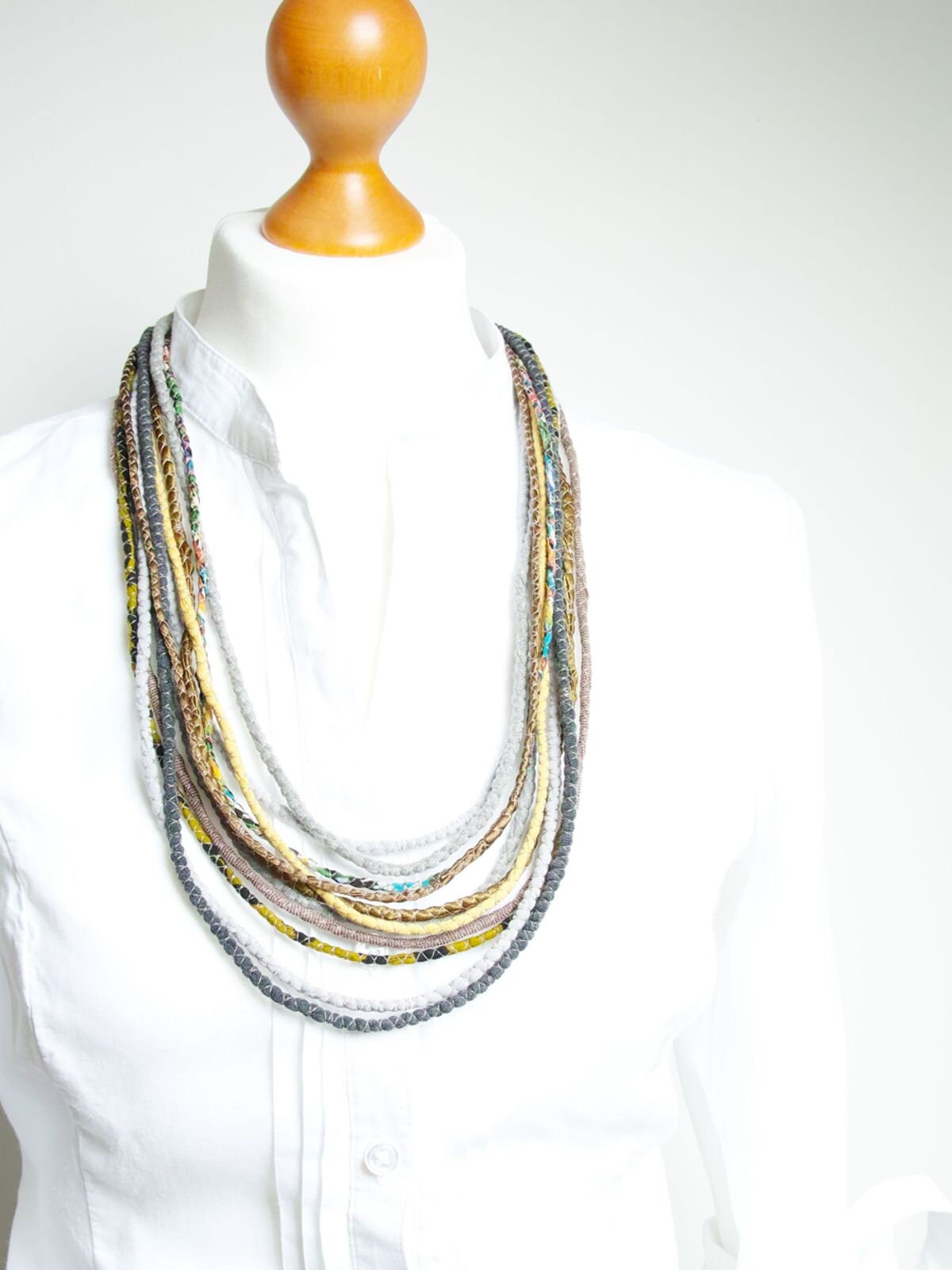 LONG textile necklace, fabric necklace, fashion necklace multistrand ...