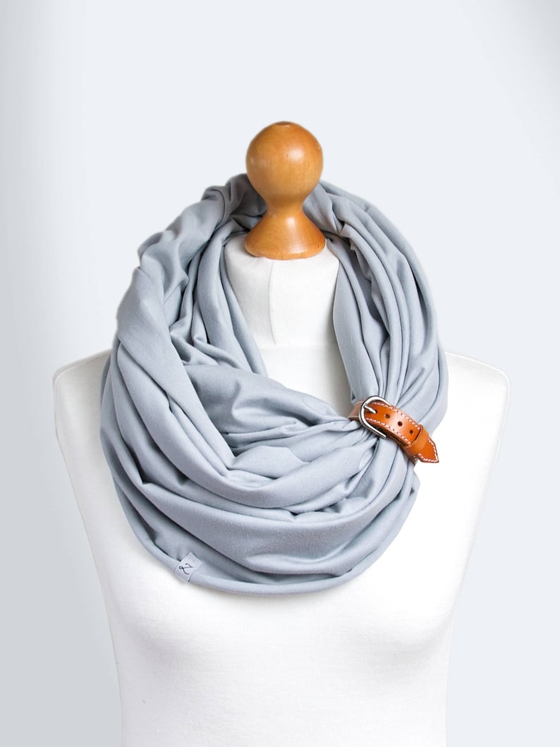 Light Gray Cotton Infinity Scarf With Genuine Leather Cuff, Handmade - Etsy
