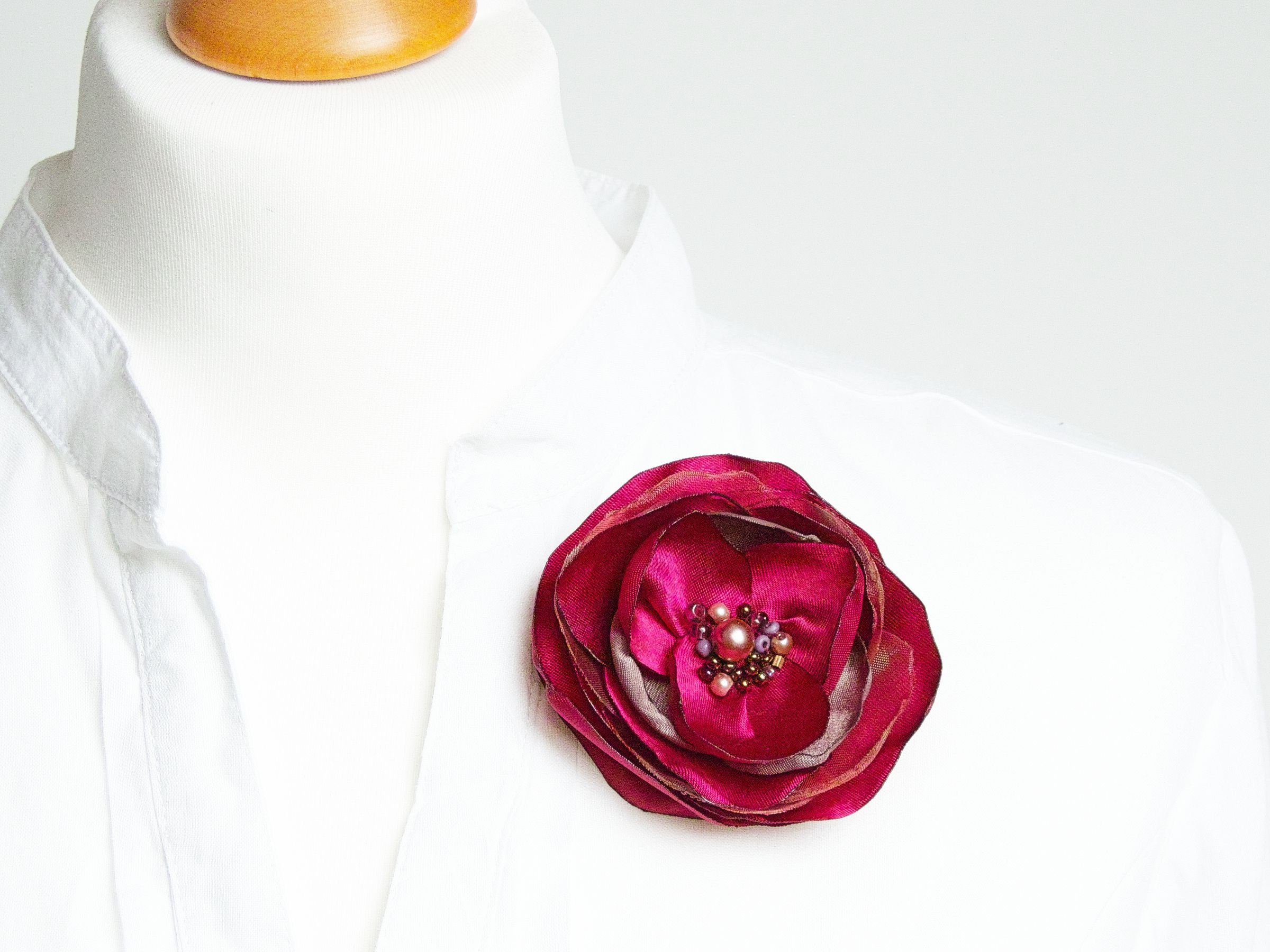 BURGUNDY FLOWER brooch, Petal Flower Pin Organza Satin handmade fabric ...