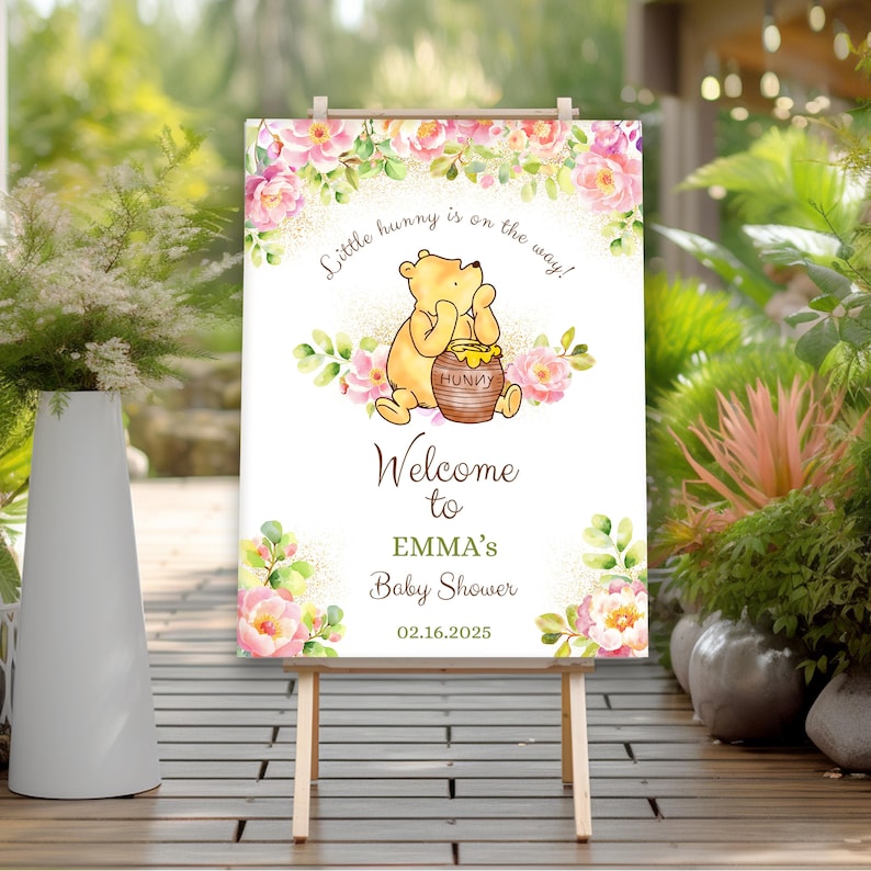 Editable Classic Winnie the Pooh Baby Shower Welcome Sign, Floral Party ...