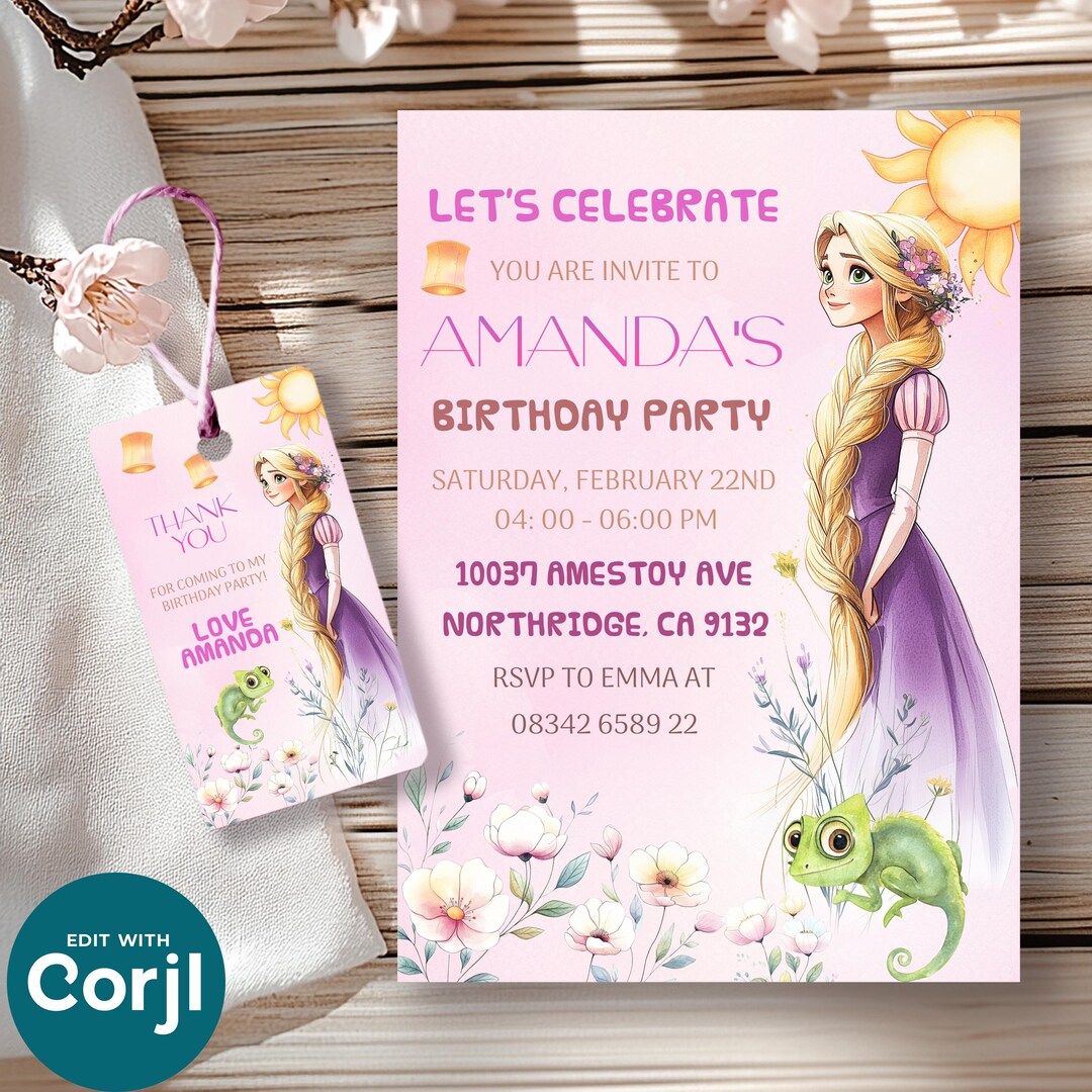Editable Layout for a Rapunzel-themed Birthday Invite & Tag, Tangled ...
