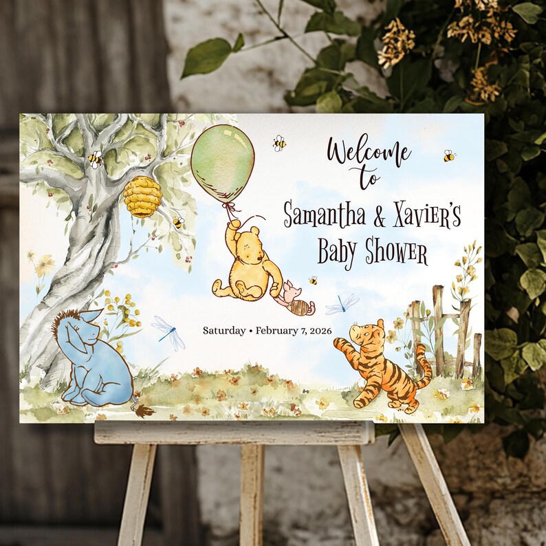 Winnie the Pooh Baby Shower Welcome Sign: Editable Hundred Acre Wood ...