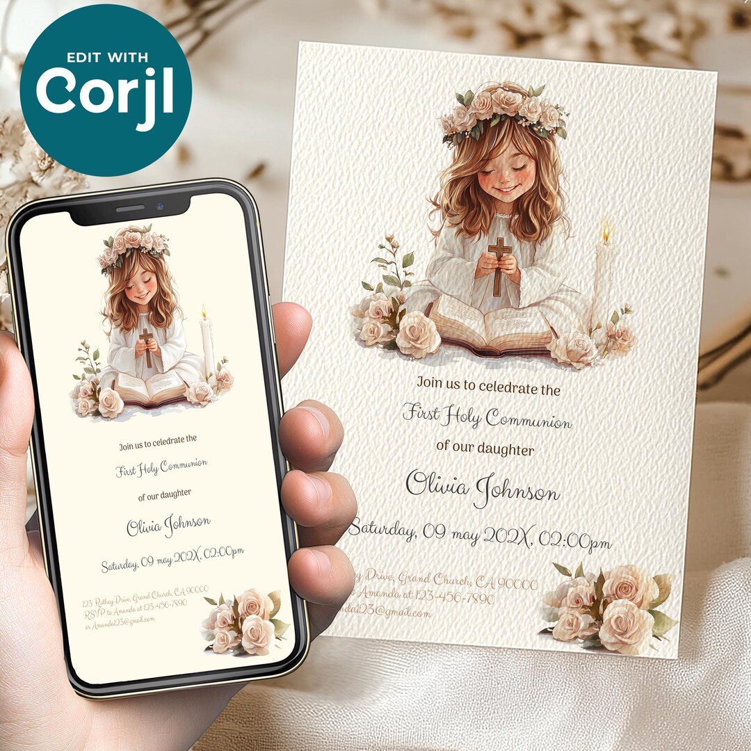 Editable Girls First Holy Communion Invitation Template, Personalized Printable Invite ...