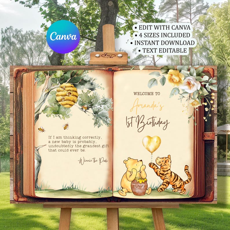 Classic Winnie the Pooh Open Book Welcome Sign Canva Template, Editable ...