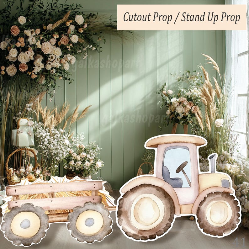 Big Cutout Decor: Tractor With Hay Cart Stand up Prop; Farm Theme Baby ...