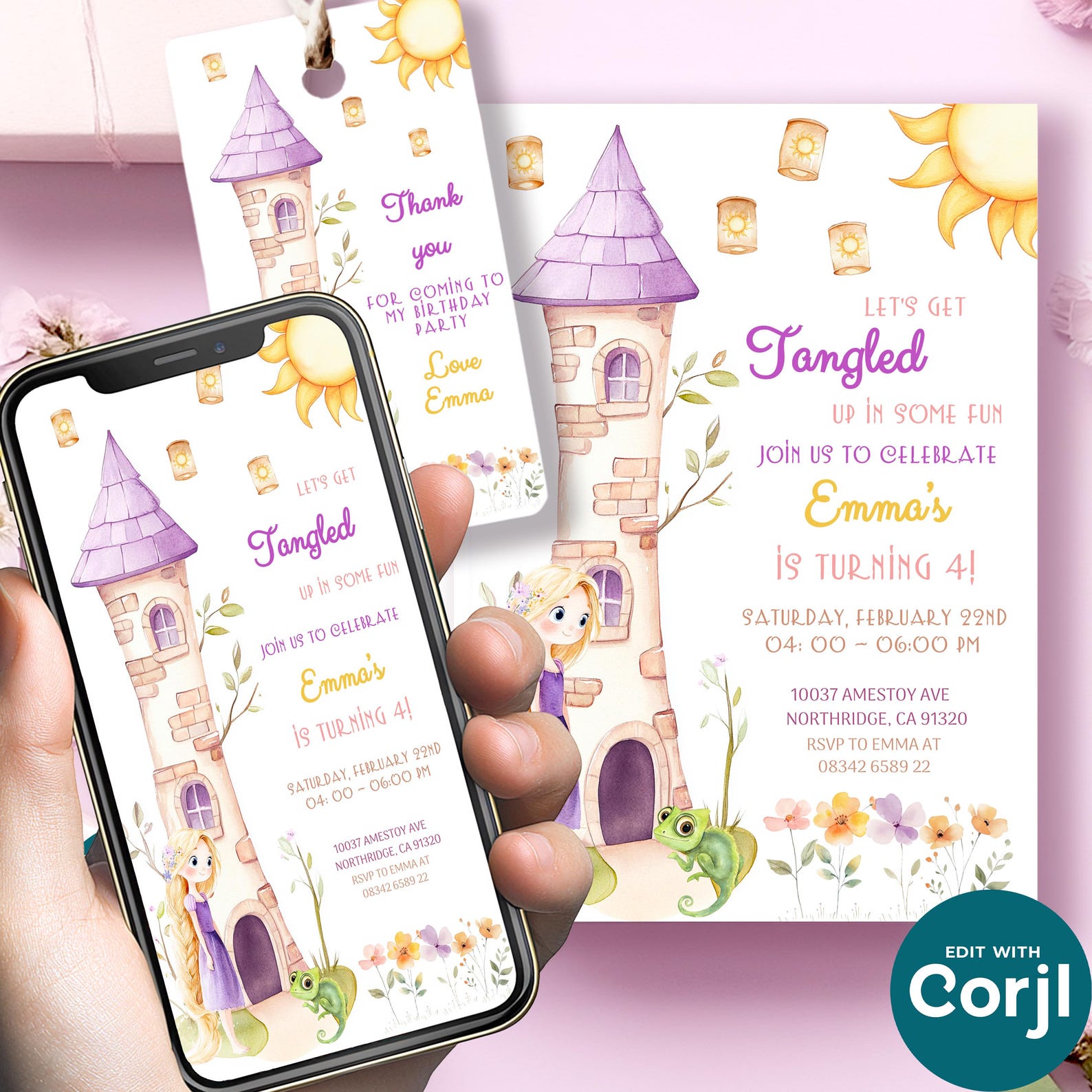 Editable Layout Rapunzel Birthday Invite & Tag, Tangled Princess Party ...