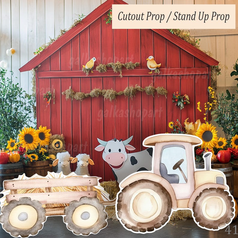 Big Cutout Decor: Tractor With Hay Cart Stand up Prop; Farm Theme Baby ...